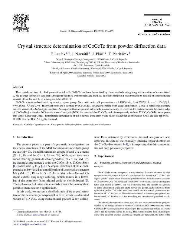 (PDF) Crystal structure determination of CoGeTe from powder diffraction data