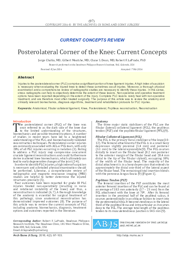 (PDF) Posterolateral Corner of the Knee: Current Concepts