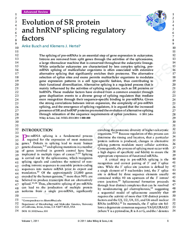 (PDF) Evolution of SR protein and hnRNP splicing regulatory factors ...