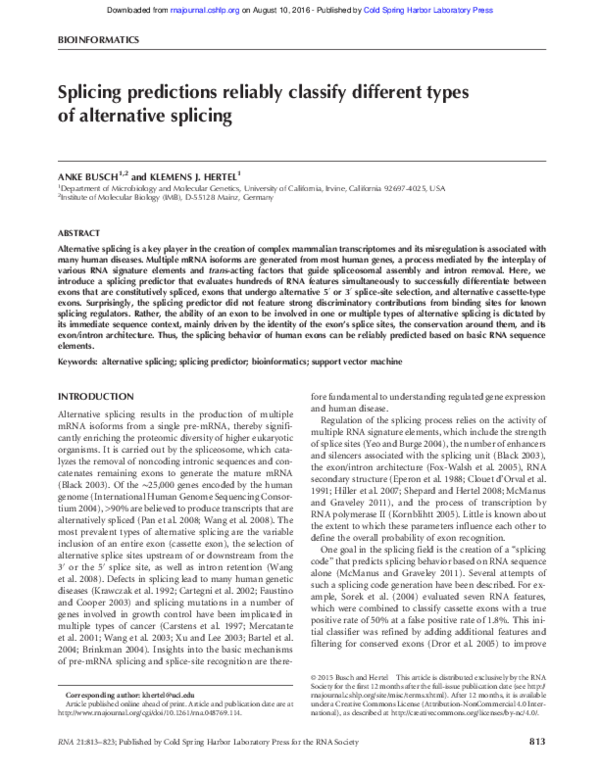 (PDF) Splicing predictions reliably classify different types of alternative splicing