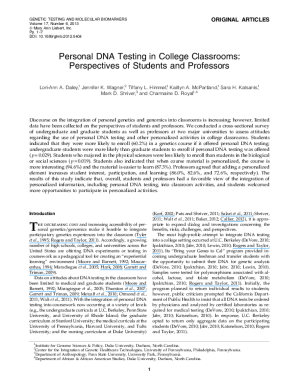 (PDF) Personal DNA Testing in College Classrooms: Perspectives of ...