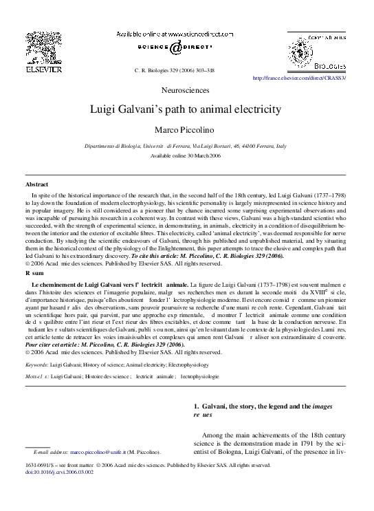 (PDF) Luigi Galvani's path to animal electricity