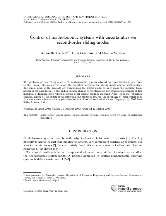 (PDF) Control of nonholonomic systems with uncertainties via second order sliding modes