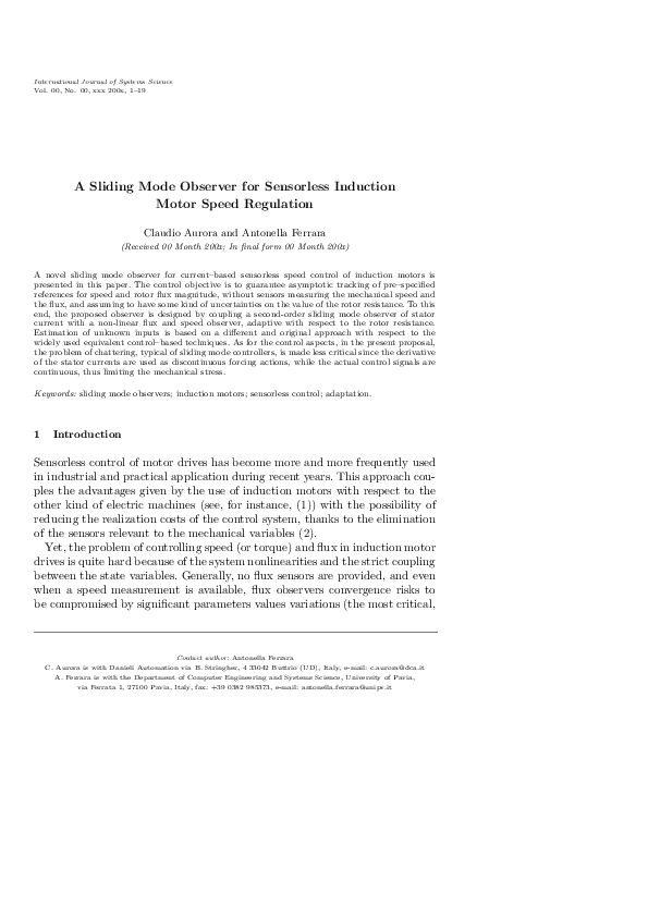 Pdf A Sliding Mode Observer For Sensorless Induction Motor Speed Regulation