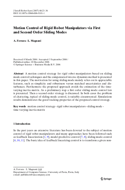 (PDF) Motion Control of Rigid Robot Manipulators via First and Second Order Sliding Modes