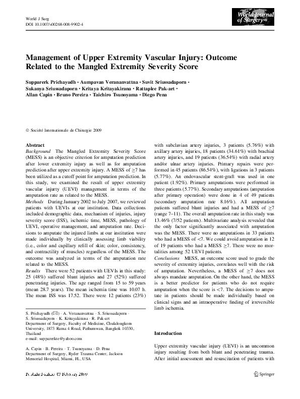 (PDF) Management of Upper Extremity Vascular Injury: Outcome Related to ...