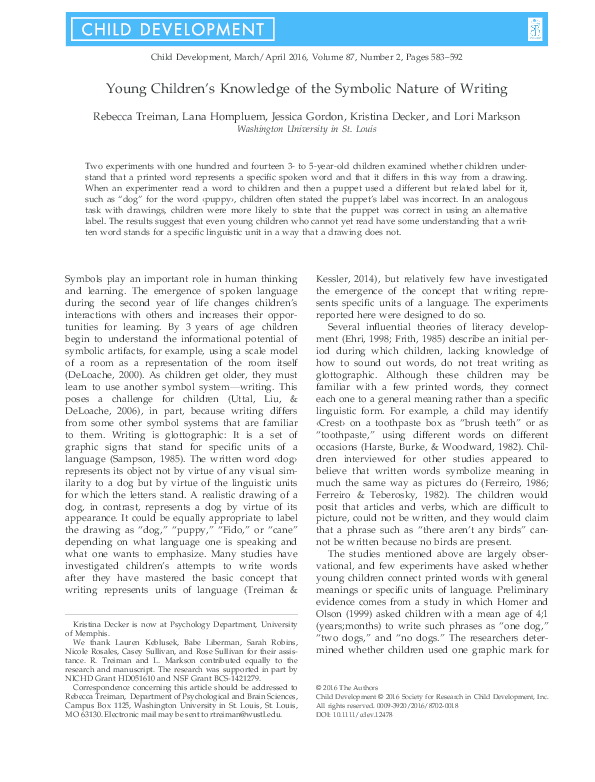 (PDF) Young Children's Knowledge of the Symbolic Nature of Writing