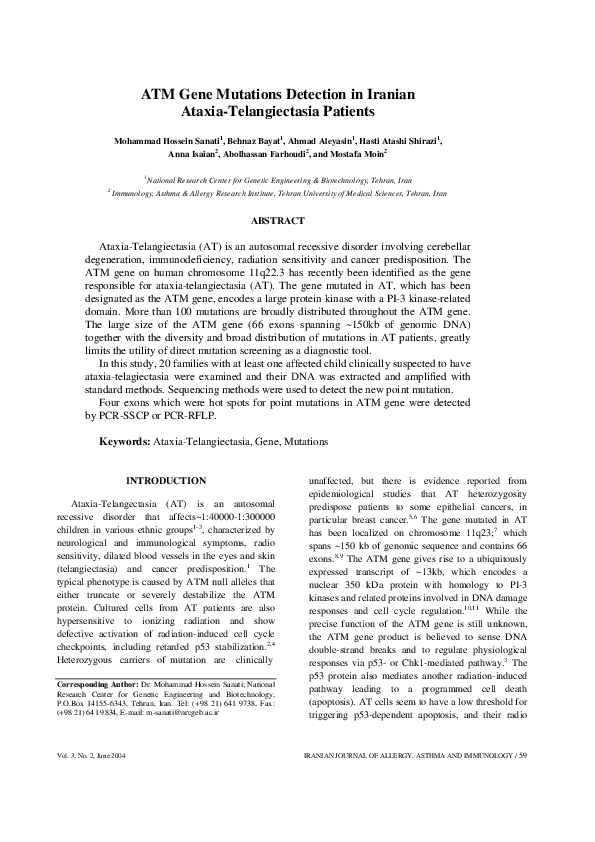 (PDF) ATM Gene Mutations Detection in Iranian Ataxia-Telangiectasia ...