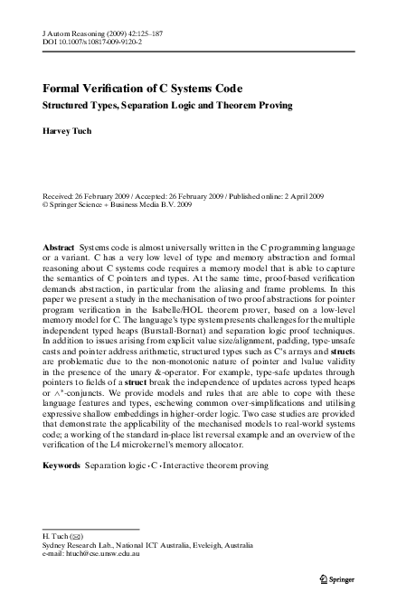 (PDF) Formal Verification of C Systems Code