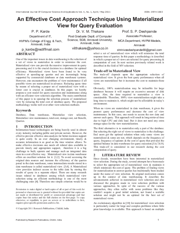 (PDF) An Effective Cost Approach Technique Using Materialized View for Query Evaluation