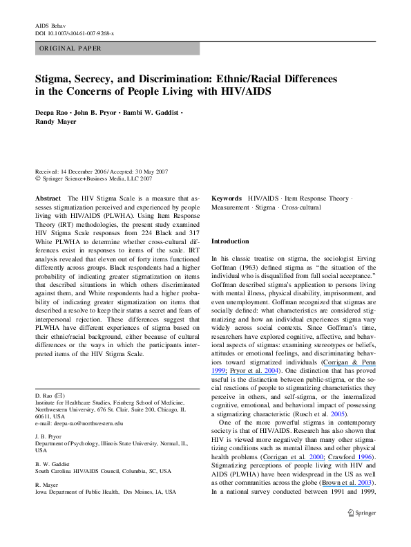 (PDF) Stigma, Secrecy, and Discrimination: Ethnic/Racial Differences in ...