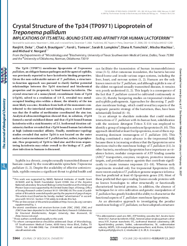 (PDF) Crystal Structure of the Tp34 (TP0971) Lipoprotein of Treponema pallidum: IMPLICATIONS OF ...