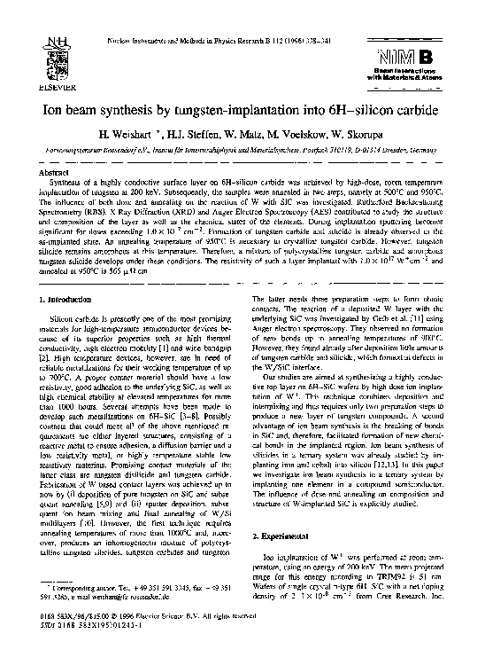 Pdf Ion Beam Synthesis By Tungsten Implantation Into 6h Silicon Carbide