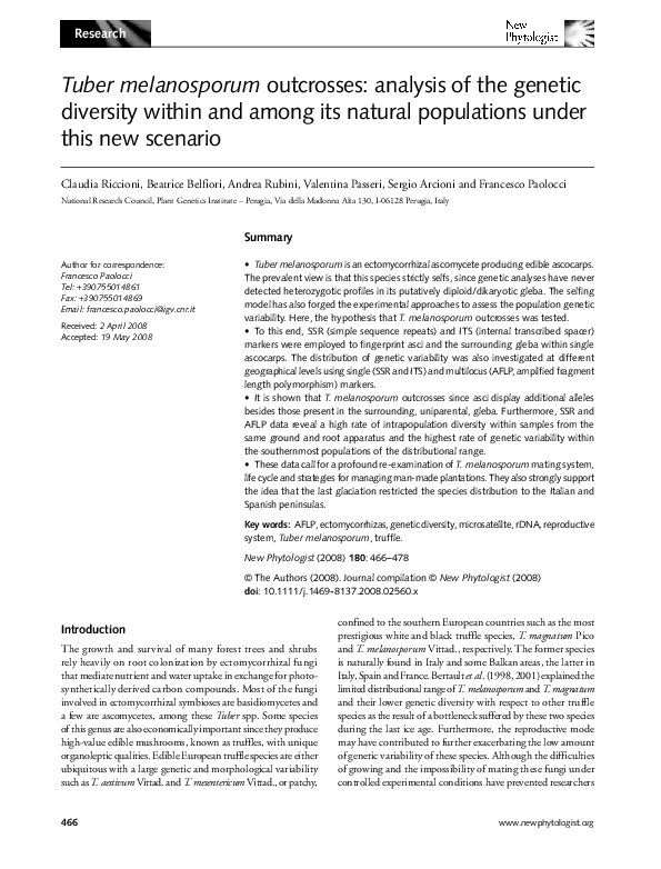 Pdf Tuber Melanosporum Outcrosses Analysis Of The Genetic Diversity Within And Among Its