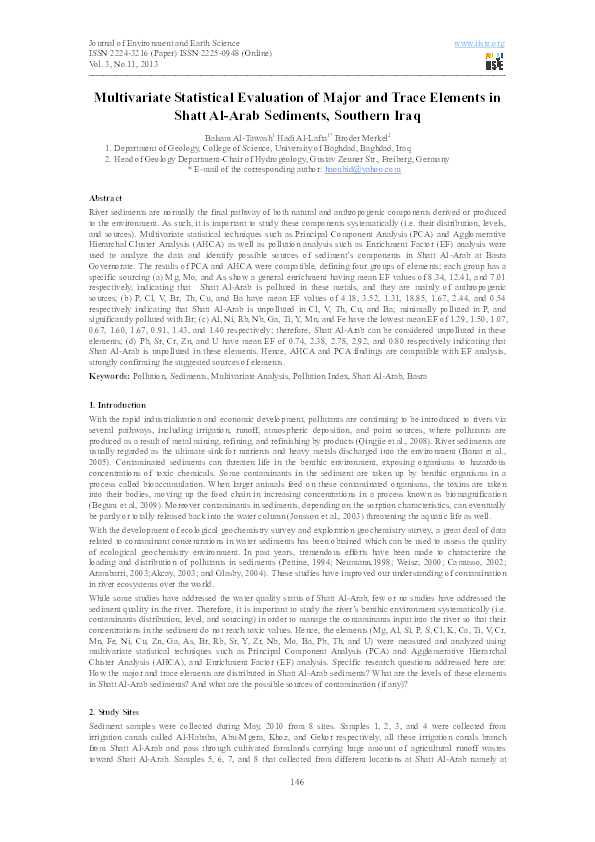 Pdf Multivariate Statistical Evaluation Of Major And Trace Elements In Shatt Al Arab Sediments