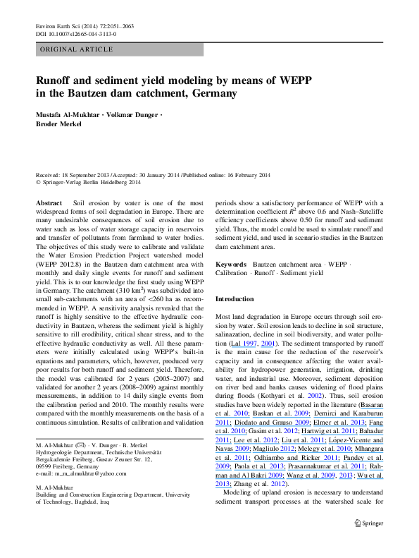 (PDF) Runoff and sediment yield modeling by means of WEPP in the Bautzen dam catchment, Germany
