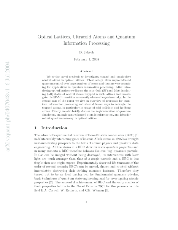 (PDF) Optical lattices, ultracold atoms and quantum information processing