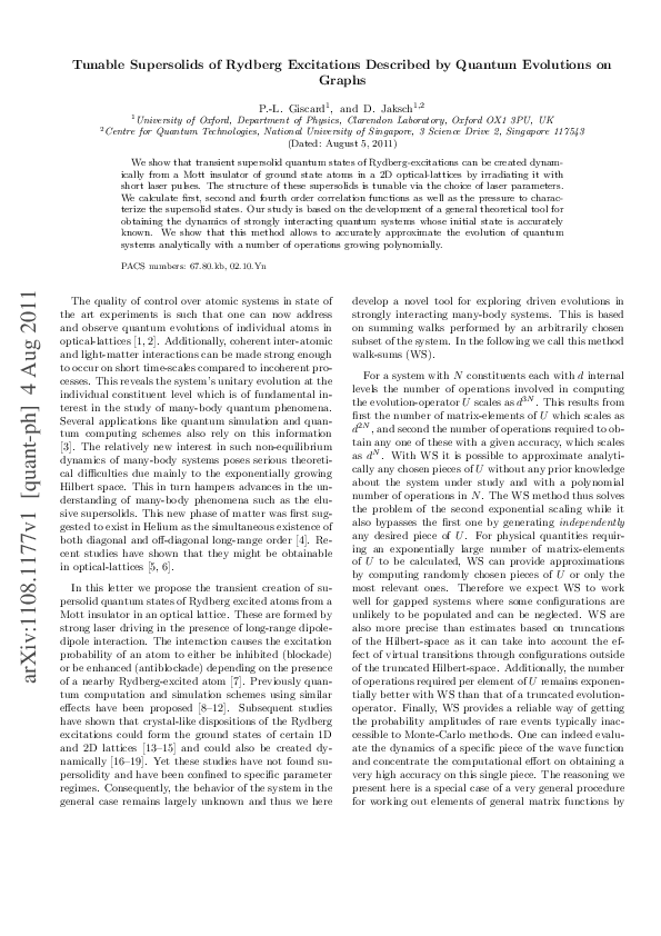 (PDF) Tunable supersolids of rydberg excitations described by quantum evolutions on graphs | D ...