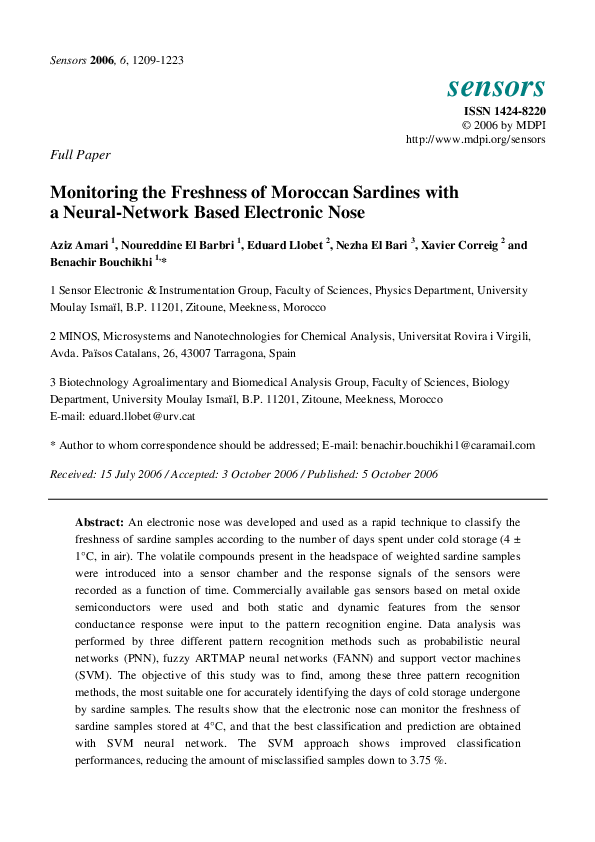 (PDF) Monitoring the Freshness of Moroccan Sardines with a Neural-Network Based Electronic Nose