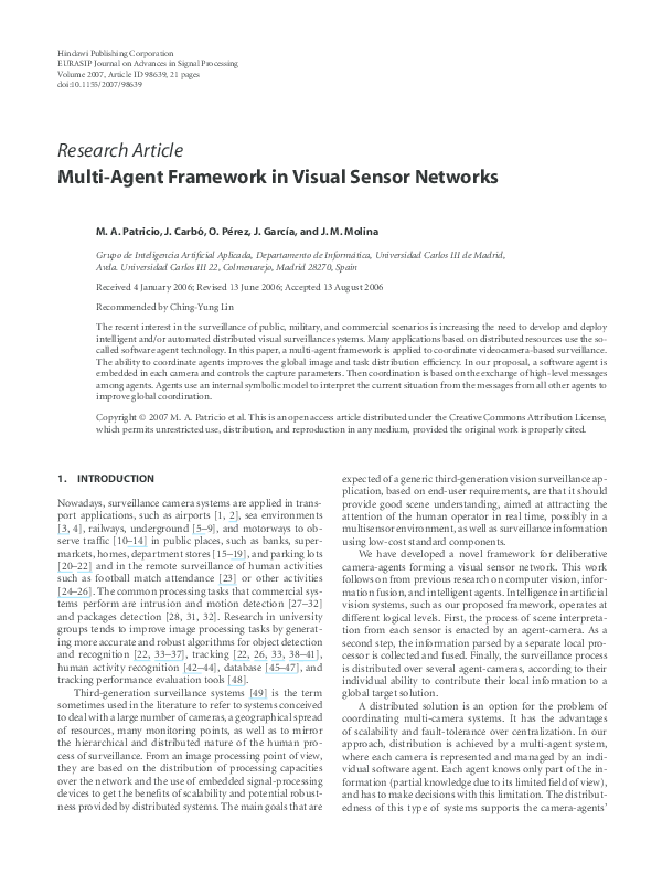 (PDF) Multi-Agent Framework in Visual Sensor Networks