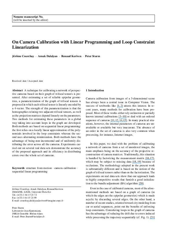 Pdf On Camera Calibration With Linear Programming And Loop Constraint Linearization 9754