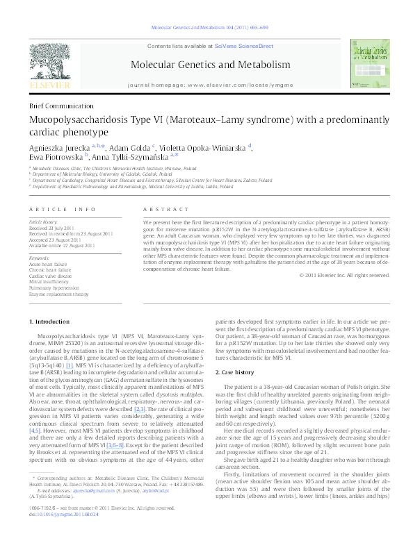 (PDF) Mucopolysaccharidosis Type VI (Maroteaux–Lamy syndrome) with a ...