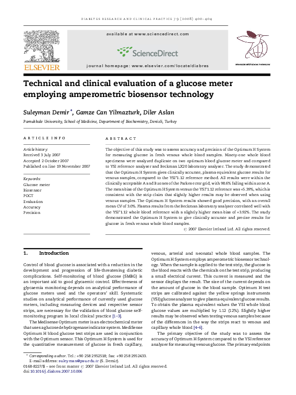 Pdf Technical And Clinical Evaluation Of A Glucose Meter Employing Amperometric Biosensor