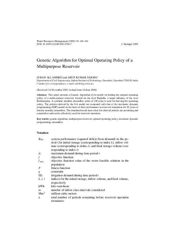 (PDF) Genetic Algorithm for Optimal Operating Policy of a Multipurpose ...