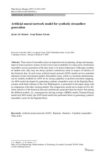 (PDF) Artificial neural network model for synthetic streamflow generation