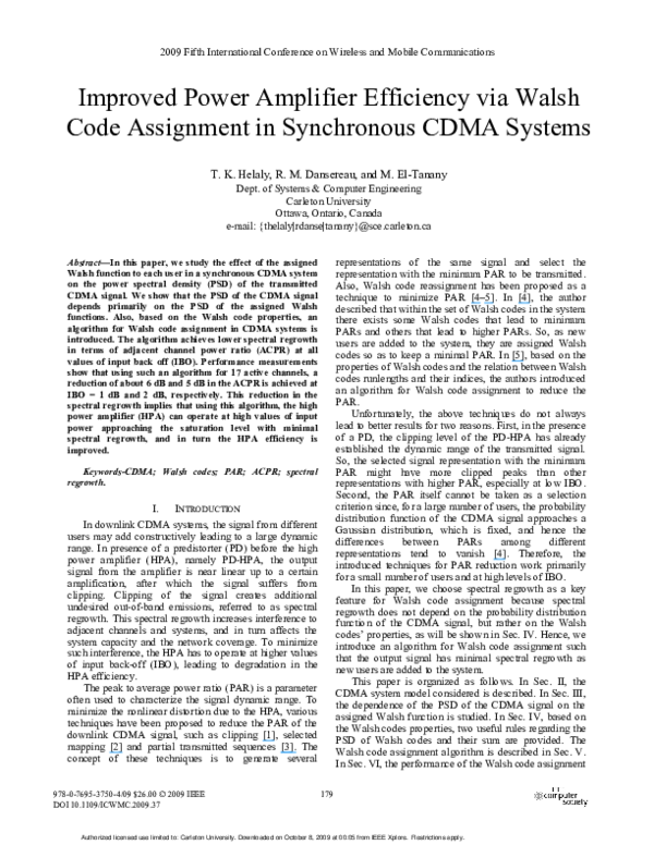 Pdf Improved Power Amplifier Efficiency Via Walsh Code Assignment In Synchronous Cdma Systems
