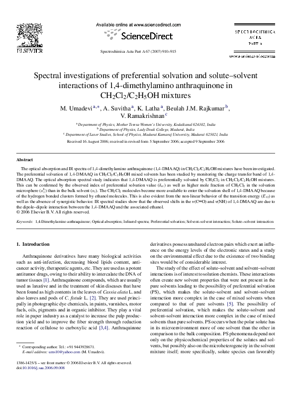 (PDF) Spectral investigations of preferential solvation and solute ...