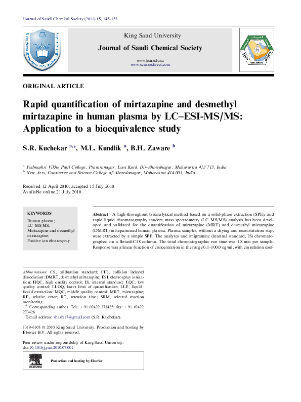 (PDF) Rapid quantification of mirtazapine and desmethyl mirtazapine in ...