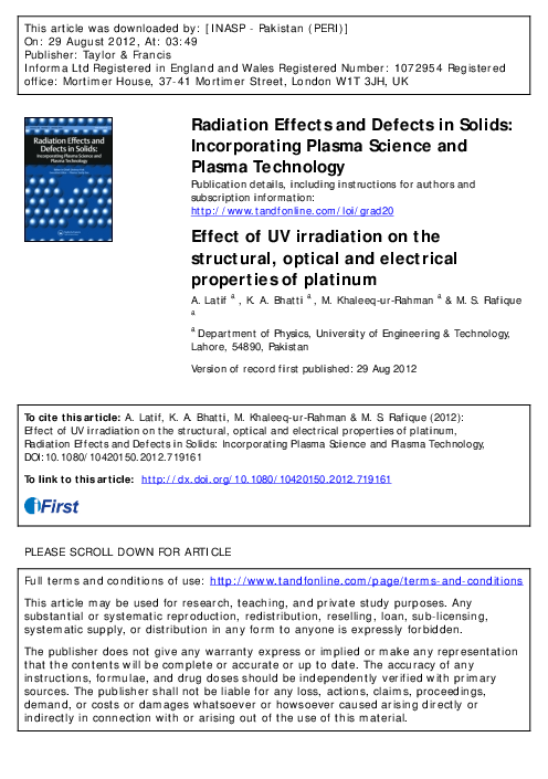(PDF) Effect of UV irradiation on the structural, optical and electrical properties of platinum