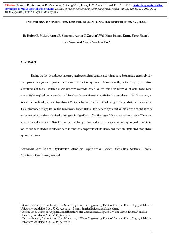 (PDF) Ant Colony Optimization for Design of Water Distribution Systems