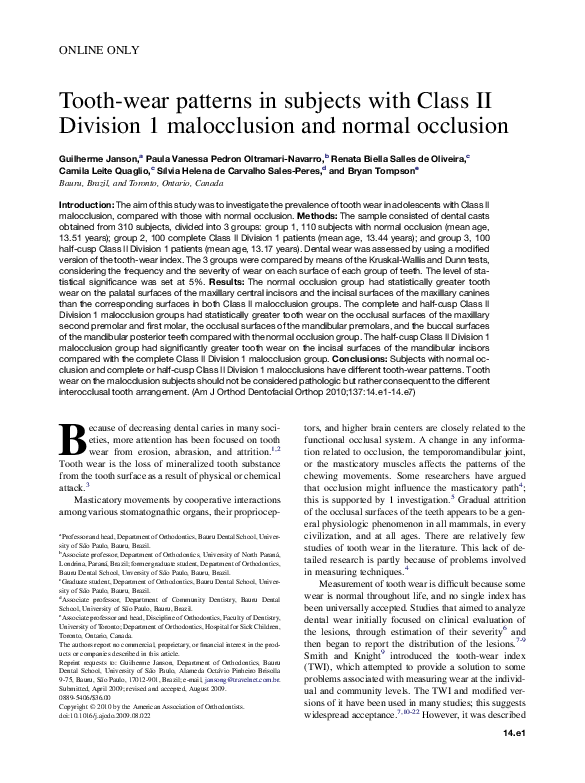 (PDF) Tooth-wear patterns in subjects with Class II Division 1 ...
