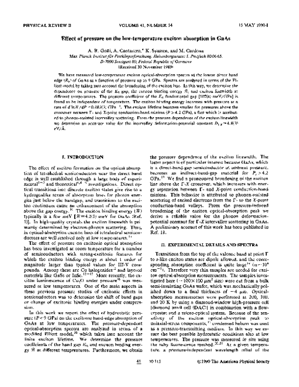 (PDF) Effect of pressure on the low-temperature exciton absorption in ...