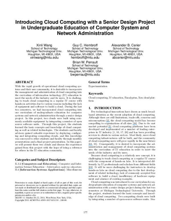 (PDF) Introducing cloud computing with a senior design project in ...