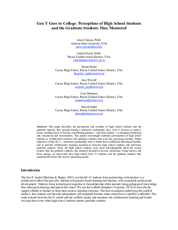 (PDF) Gen Y Goes to College: Perceptions of High School Students and ...