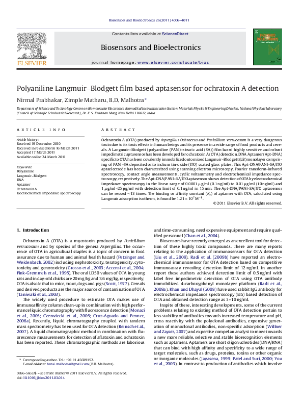 (PDF) Polyaniline Langmuir–Blodgett film based aptasensor for ochratoxin A detection