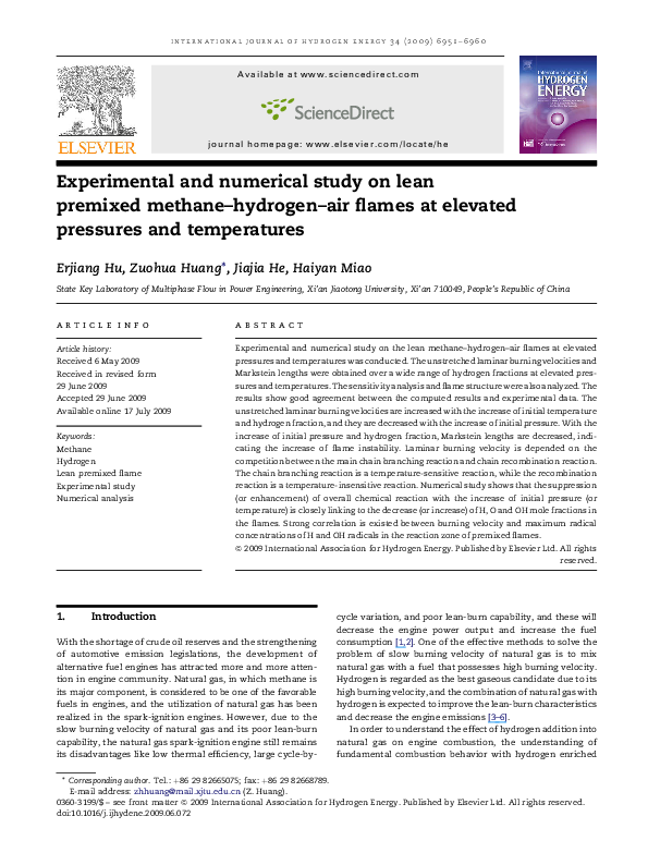 (PDF) Experimental and numerical study on lean premixed methane–hydrogen–air flames at elevated ...