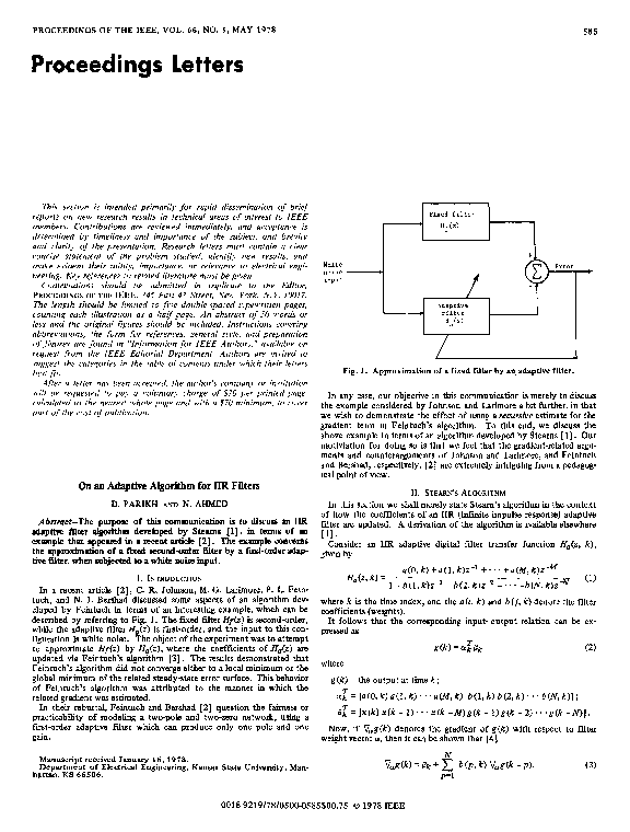Pdf On An Adaptive Algorithm For Iir Filters Dakshesh Parikh