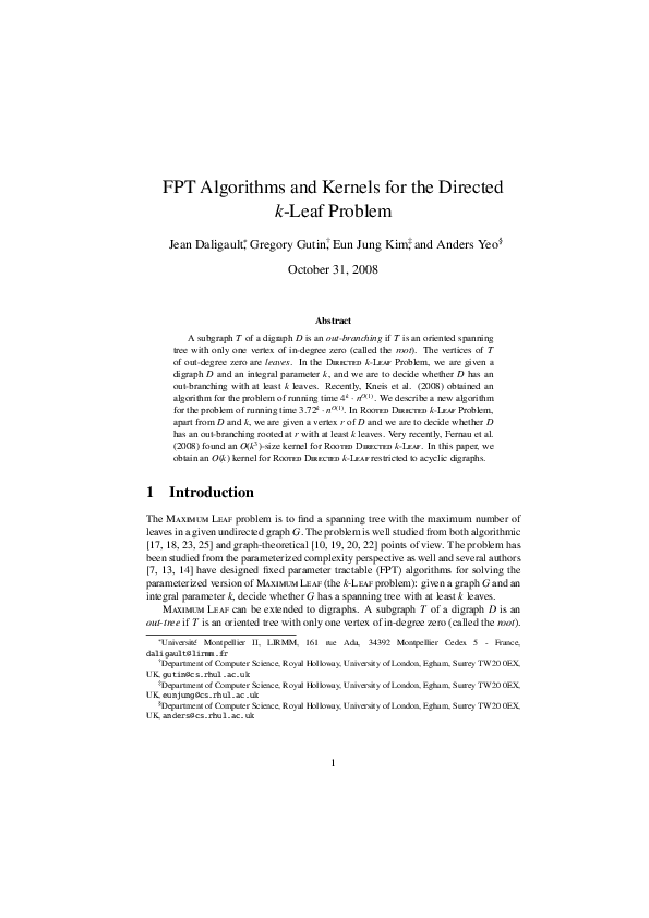 (PDF) FPT algorithms and kernels for the Directed k-Leaf problem