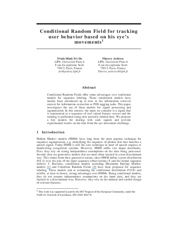 (PDF) Conditional Random Field for tracking user behavior based on his eye’s movements