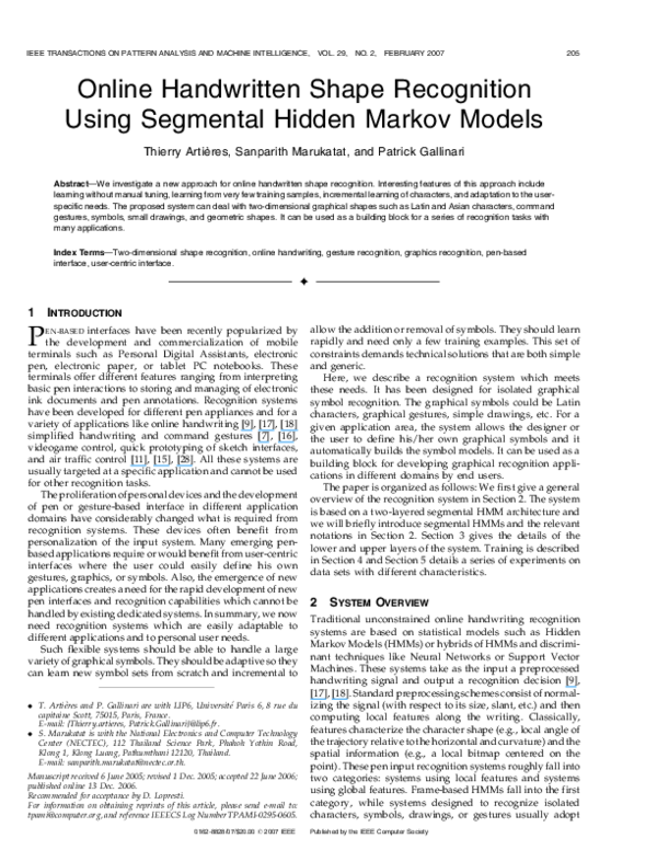 (PDF) Online handwritten shape recognition using segmental hidden markov models