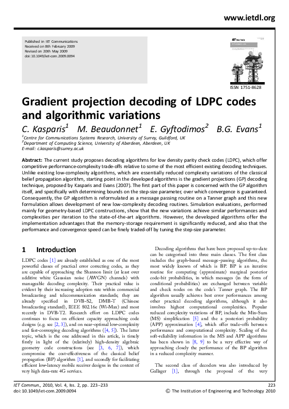 Pdf Gradient Projection Decoding Of Ldpc Codes And Algorithmic Variations