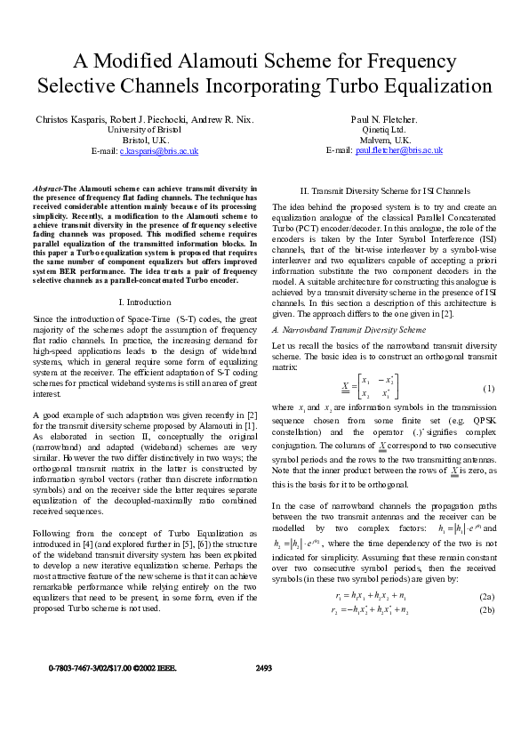 (PDF) A modified Alamouti scheme for frequency selective channels incorporating turbo equalization