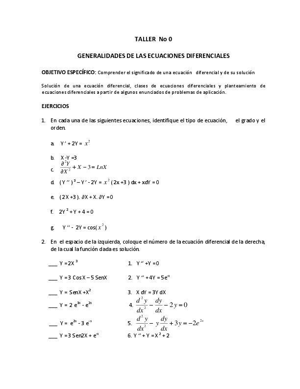 (PDF) TALLER No 0 GENERALIDADES DE LAS ECUACIONES DIFERENCIALES