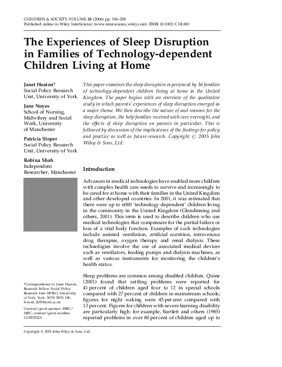 (PDF) The experiences of sleep disruption in families of technology-dependent children living at ...