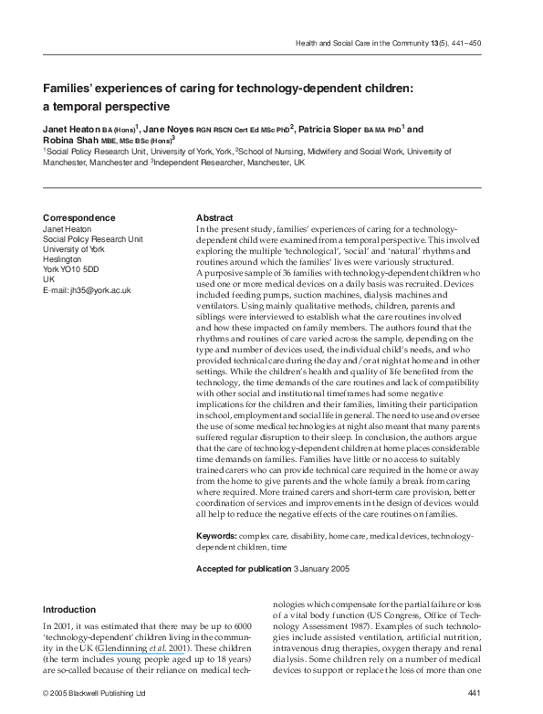 (PDF) Families' experiences of caring for technology-dependent children: a temporal perspective