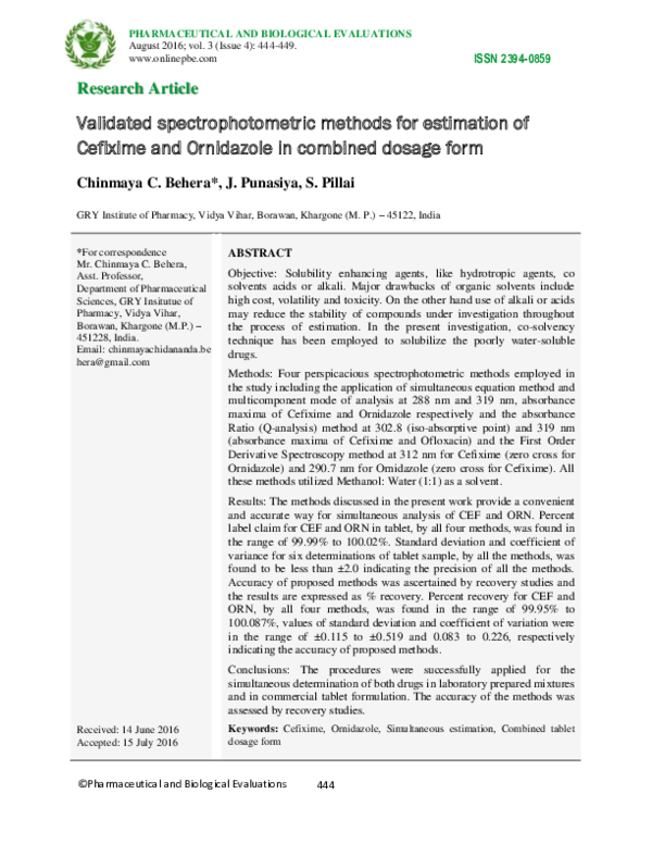 Pdf Validated Spectrophotometric Methods For Estimation Of Cefixime And Ornidazole In Combined